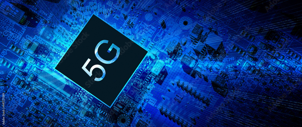 5g concept. Digital computer motherboard with 5g mobile phone chip on ...