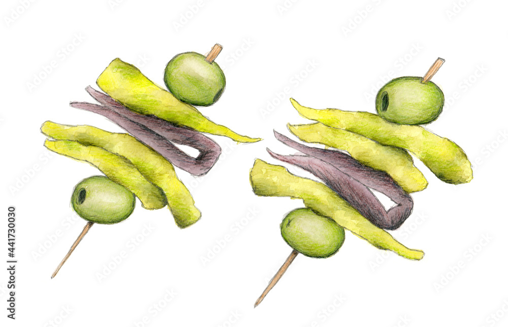 Ilustración de un pincho vasco llamado 'gilda'. Dos gildas con olivas ...