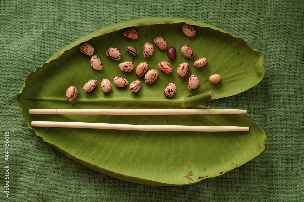 Speckled bean and chopsticks on a lotus leaf plate. Organic tableware ...