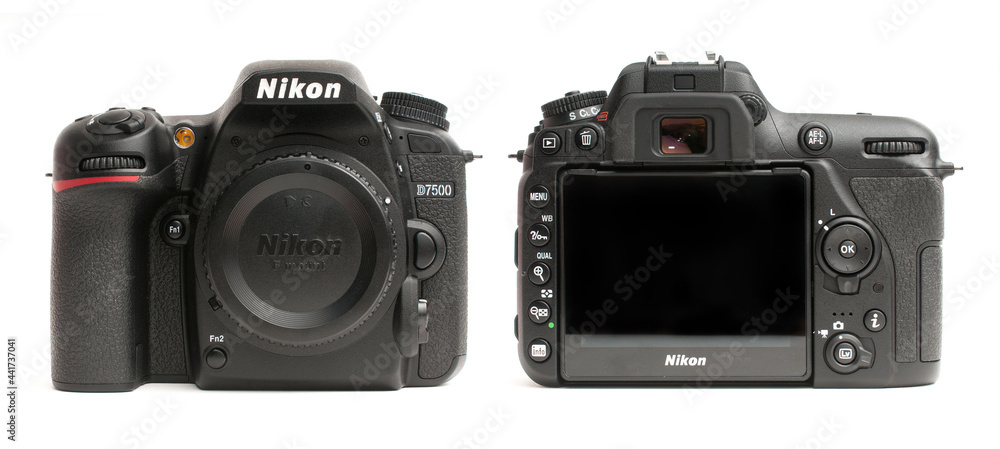 Front and back view of a D7500 Nikon DSLR camera body Stock Photo ...