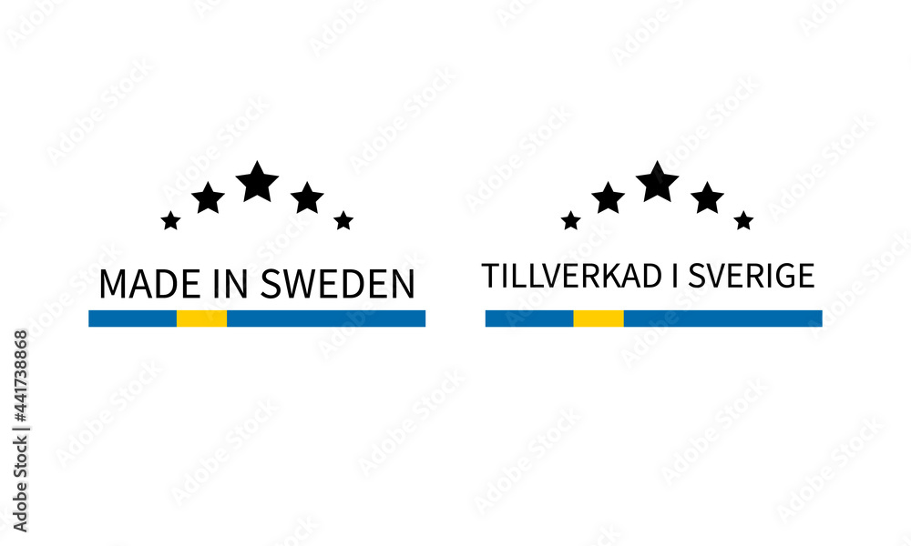 Made in Sweden labels in English and in Swedish languages. Quality mark ...