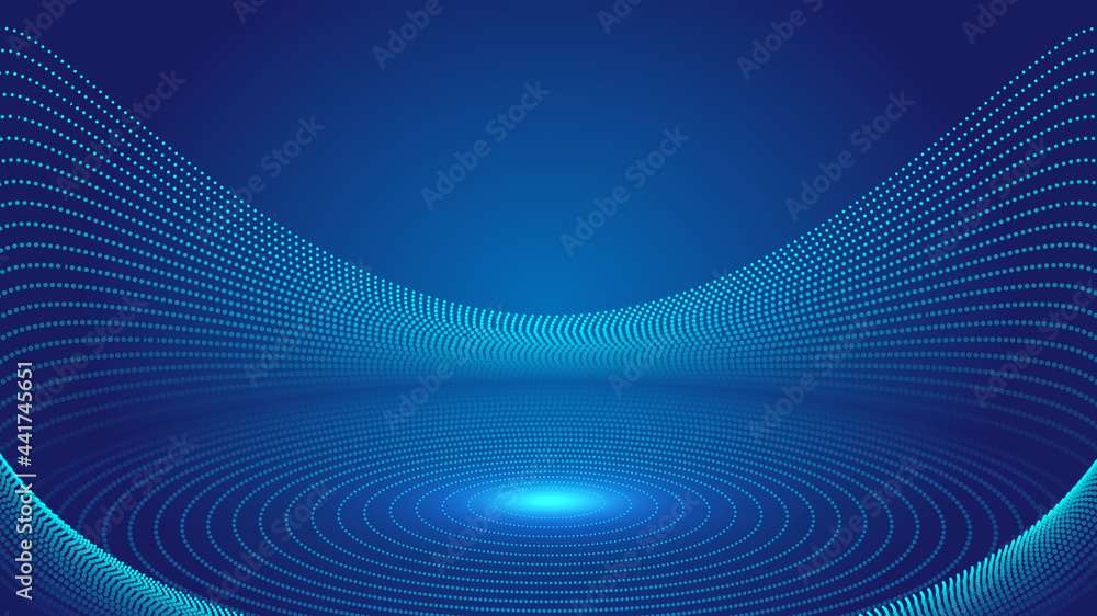 3D technology sense of space sense booth by blue dot particles. Stock ...