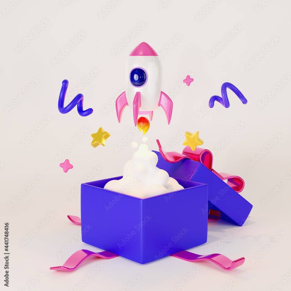 Space rocket launch. Opened gift box with confetti. 3d render Stock ...