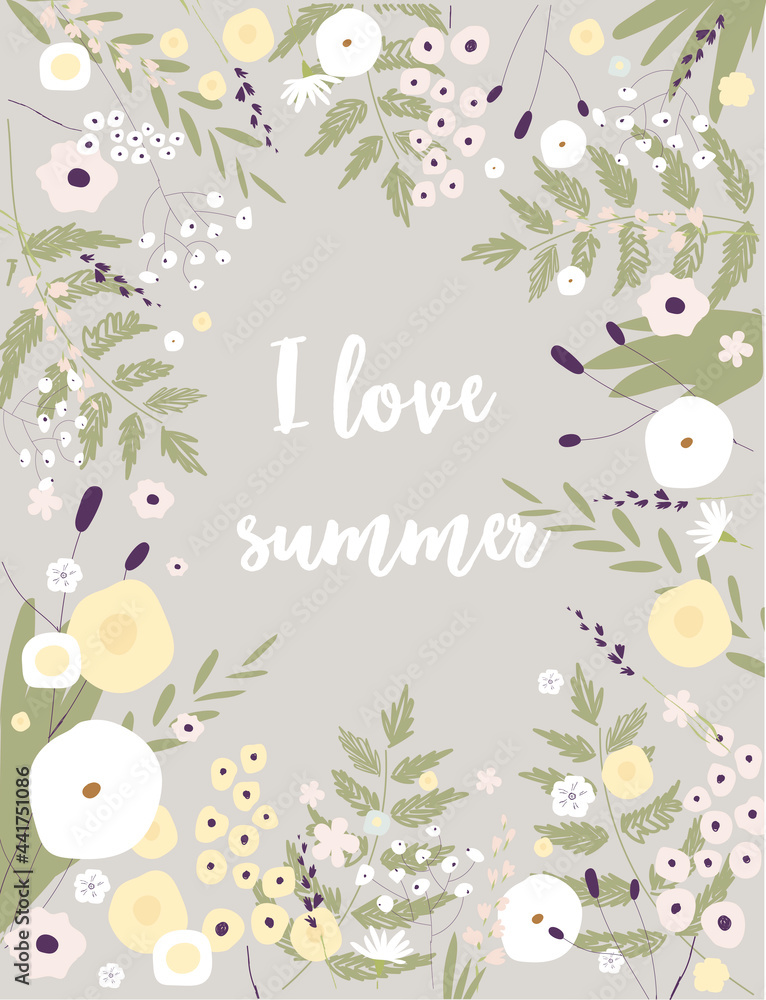 Summer postcard. Vector illustration with beautiful cute summer flowers ...