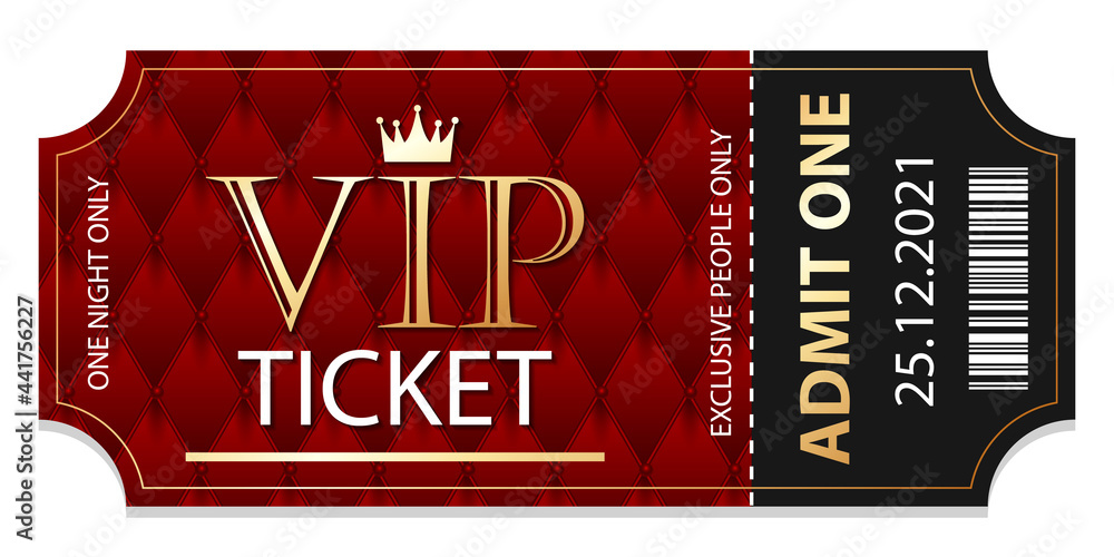 Stub black and red VIP admission ticket template with golden glittering ...