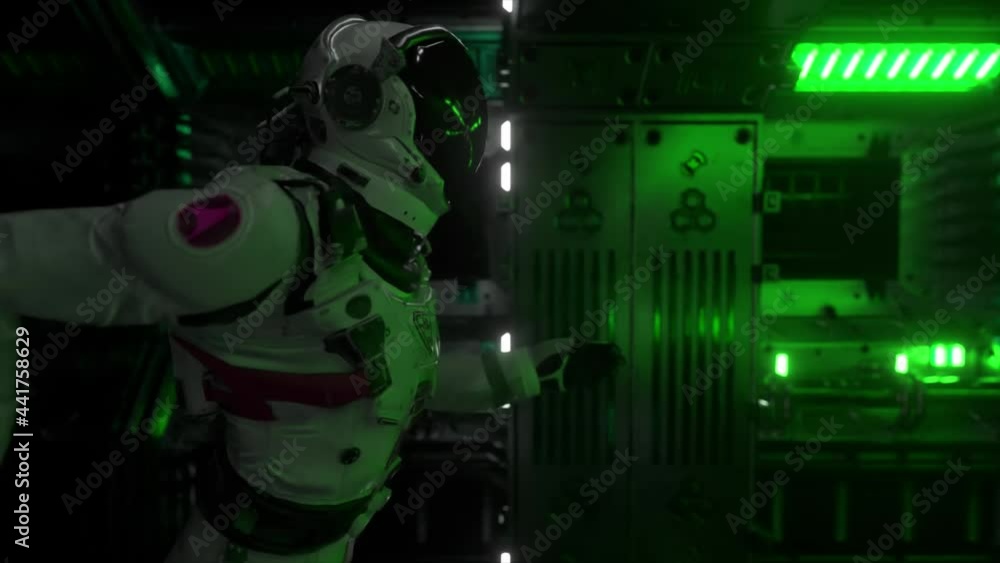 Astronaut runs through a tunnel to another compartment of the space ...