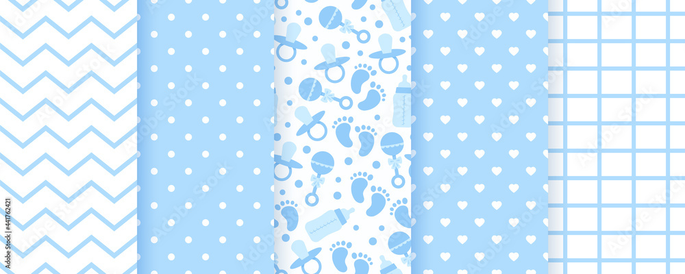 Baby blue seamless patterns. Pastel background. Baby boy geometric ...