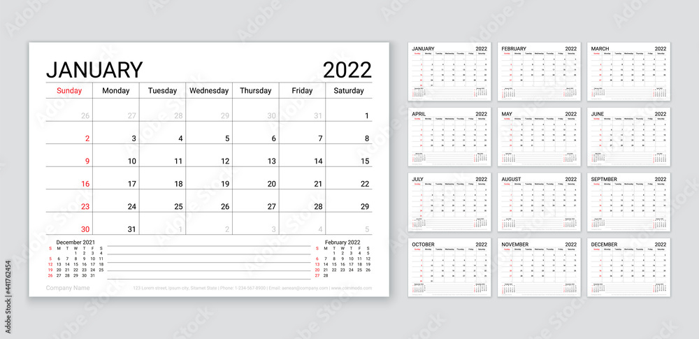 2022 calendar. Planner template for year. Week starts Sunday. Vector ...