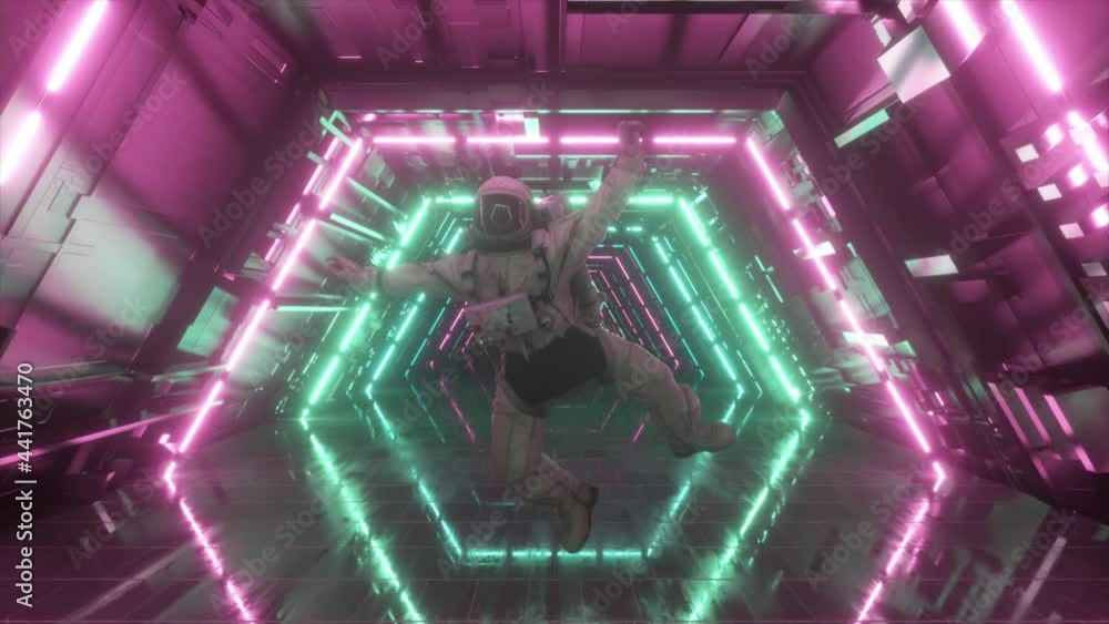 Astronaut falling in the corridor of a spaceship. Sci-Fi futuristic ...