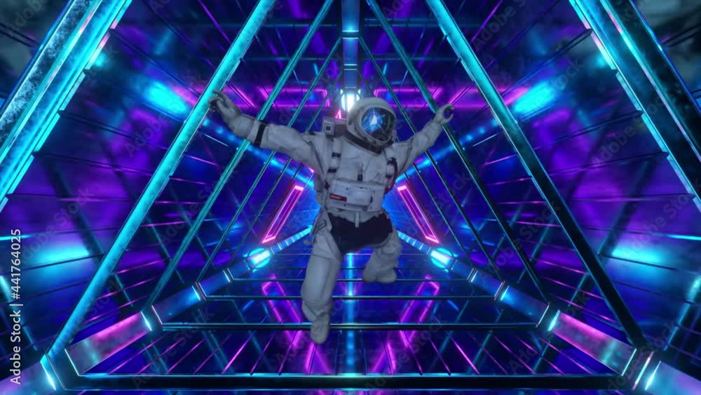 Astronaut falling in the corridor of a spaceship. Sci-Fi futuristic ...