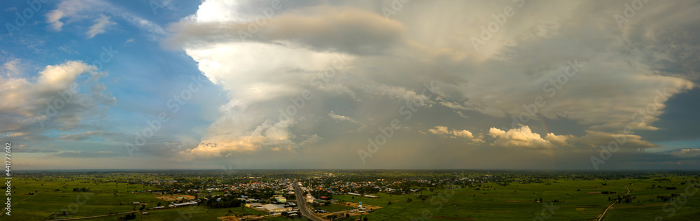 Panorama Top view Aerial photo from flying drone over rice fields and ...