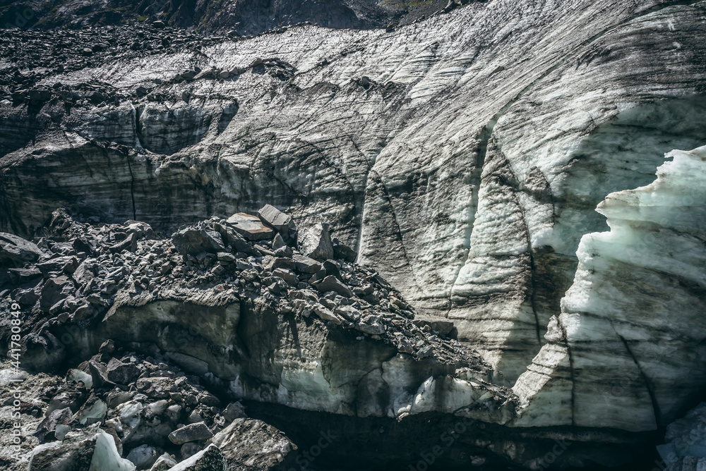 Nature background with icefall near glacier with cracks and scratches ...