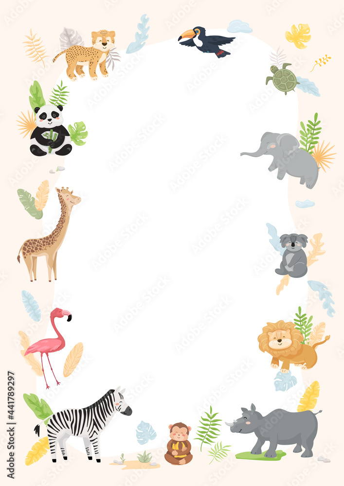 Wild cute animals frame. Kids characters, blank template. Jungle ...