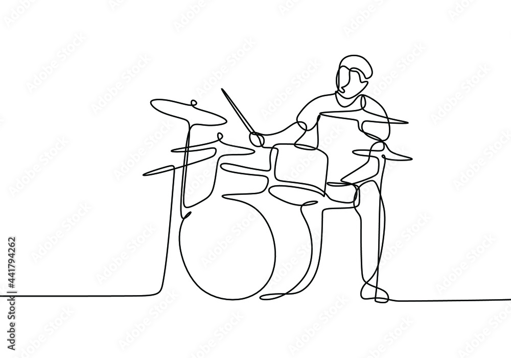 Drummer continuous line drawing. People playing drum music instrument ...