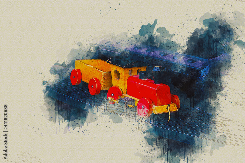 small wooden toy train on steps in watercolors Stock Illustration ...