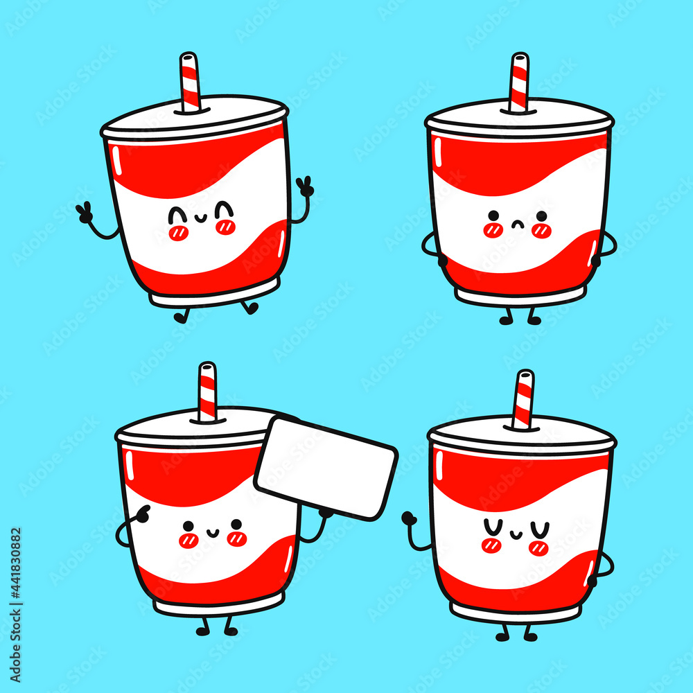 Funny cute happy cold drink characters bundle set. Vector kawaii line ...