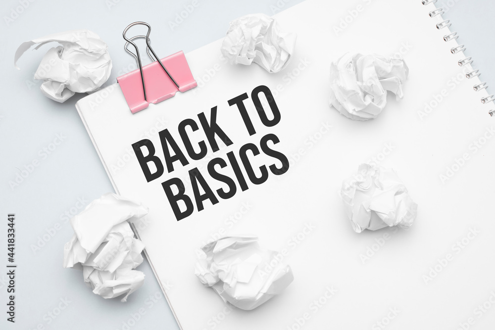 BACK TO BASICS. Blank sheet of paper, red paper clip, word Ideas and ...