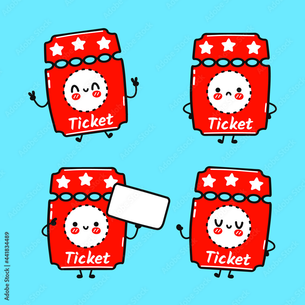 Funny cute happy cinema ticket characters bundle set. Vector kawaii ...
