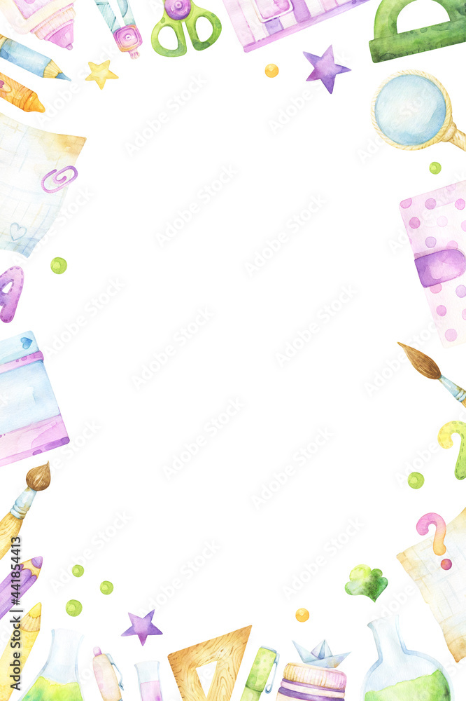 Colorful rectangular watercolor back to school frame with craft and art ...