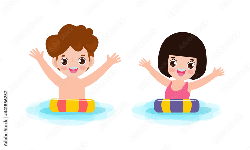 summer banner template of Cute Caucasian kids in swimming nd rubber ...