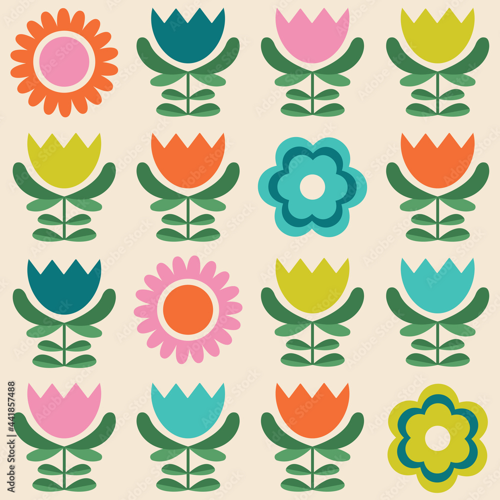 Colourful Swedish folk floral seamless vector pattern. Geometric Nordic ...