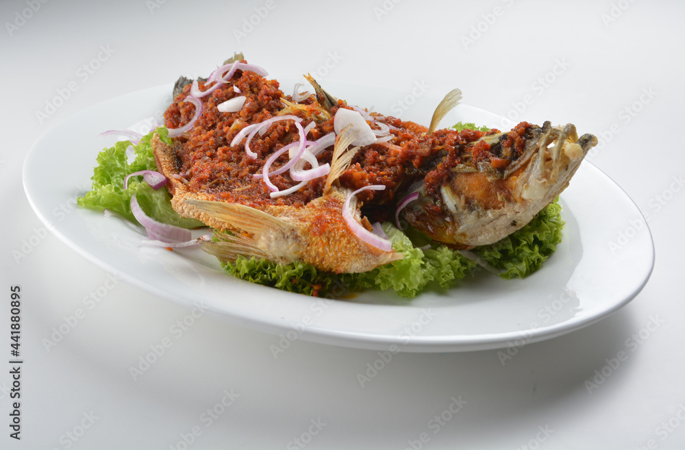 deep fried crispy whole grouper fish with spicy chilli onion sambal ...