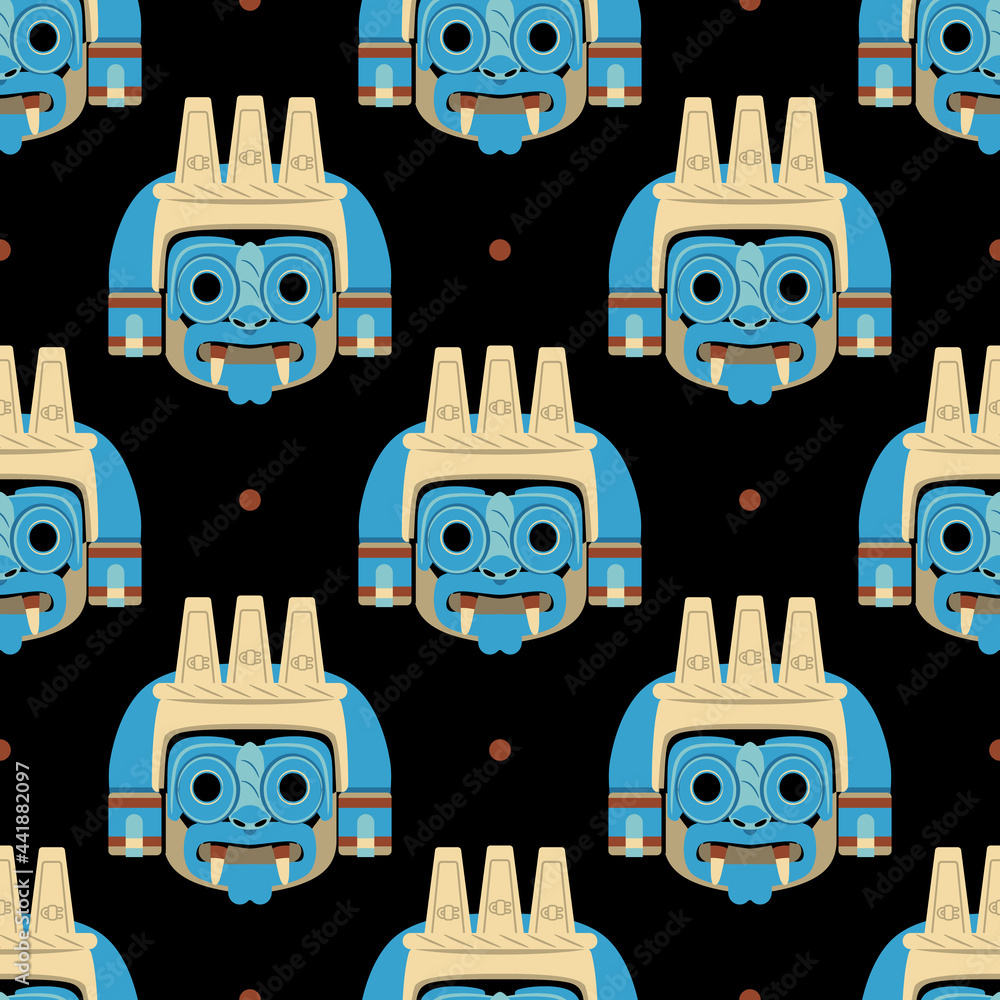 Seamless geometrical pattern with Aztec masks of god Tlaloc. Pre ...