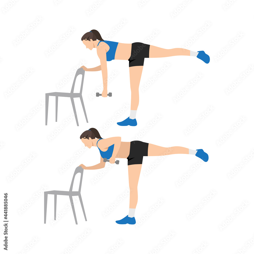 Woman doing Single leg dumbbell row exercise. Flat vector illustration ...