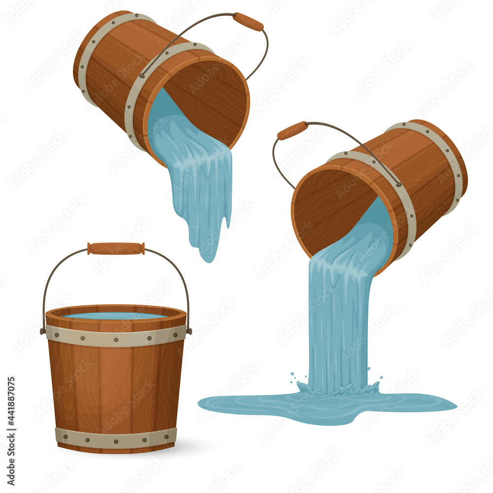 Wooden buckets with water. Liquid pouring with a splash. Cartoon style ...