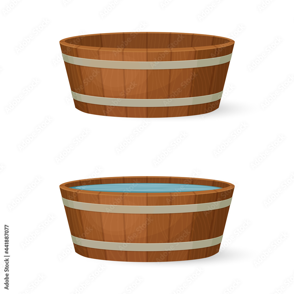 Round wooden tub with and without water. Cartoon style illustration ...