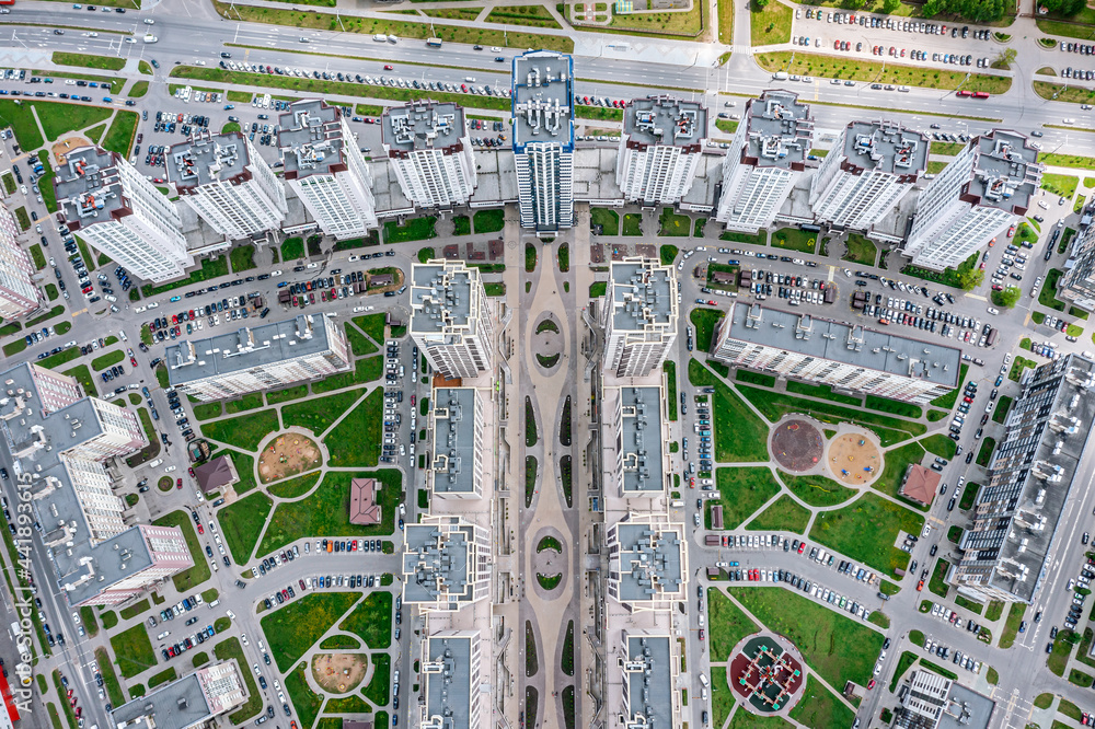 aerial panoramic top view of new residential district with high-rise ...