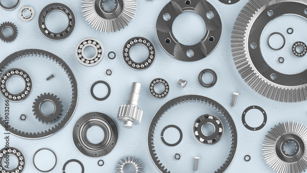 Flat layout of the flatlay of gears and bearings, with an empty space ...