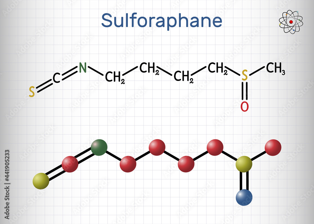 Sulforaphane, sulphoraphane molecule. It is isothiocyanate ...