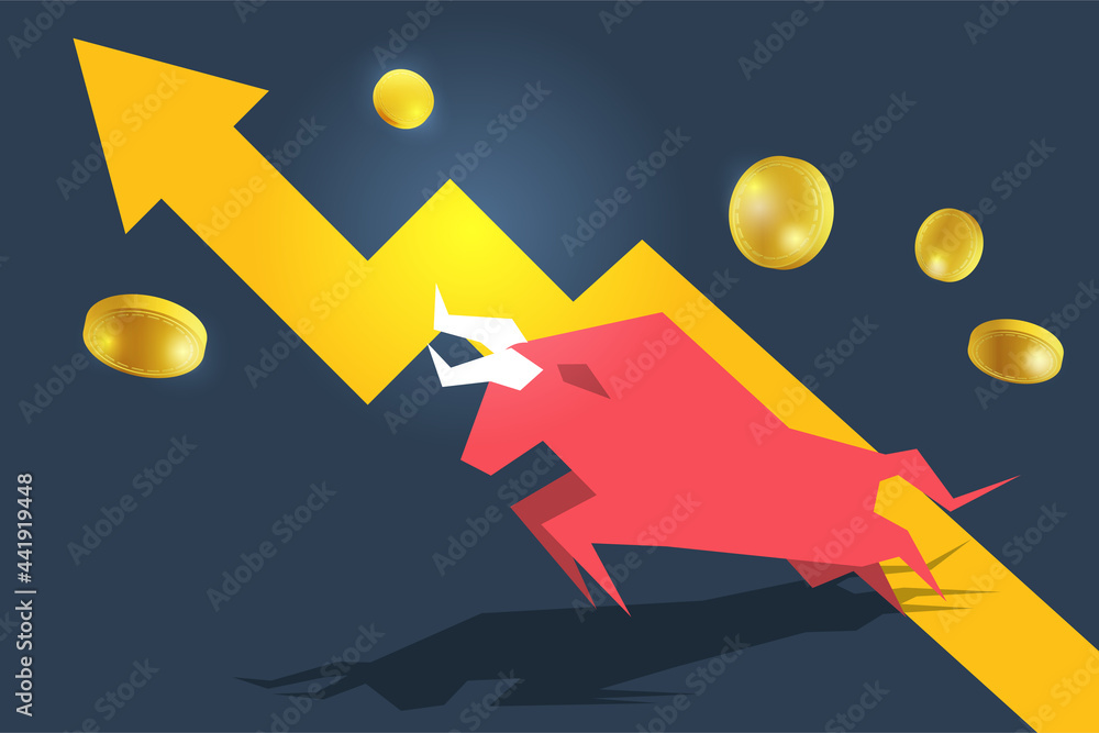 Bull or bullish run icon with growth arrow graph and bars. Concepts for ...