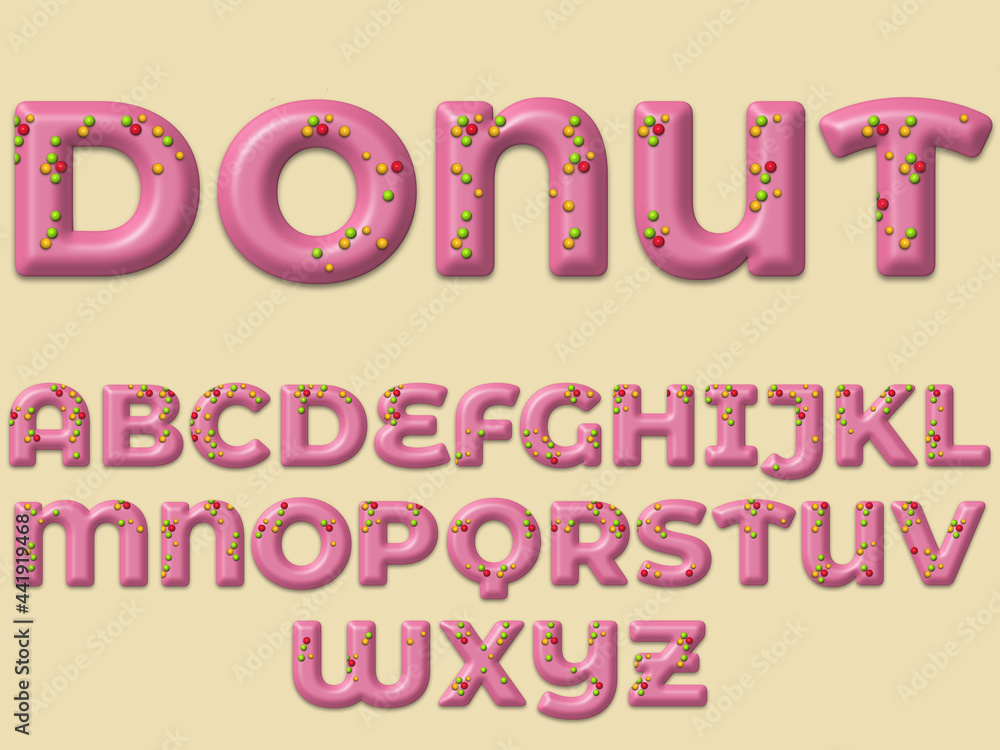 Pink donut alphabet, bold typeface, colorful textured display font ...