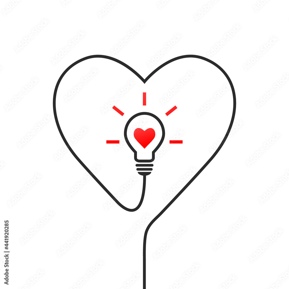 Light bulb with heart concept. Lamp with red heart inside and wire ...
