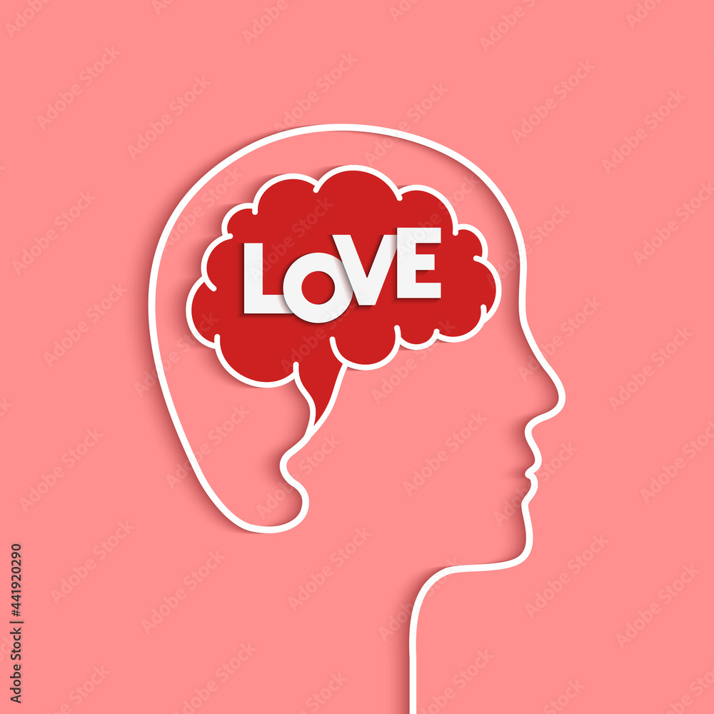 Love concept with human head and brain silhouette. Being in love ...