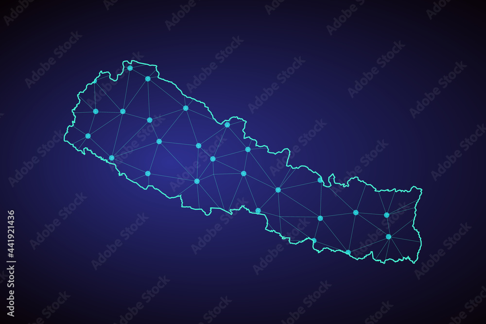 Map of Nepal. Wire frame 3D mesh polygonal network line, design sphere ...