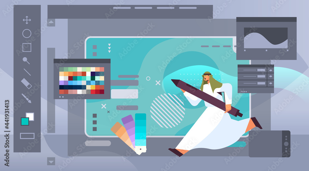 designer drawing with pen in graphic editor man creating website user ...