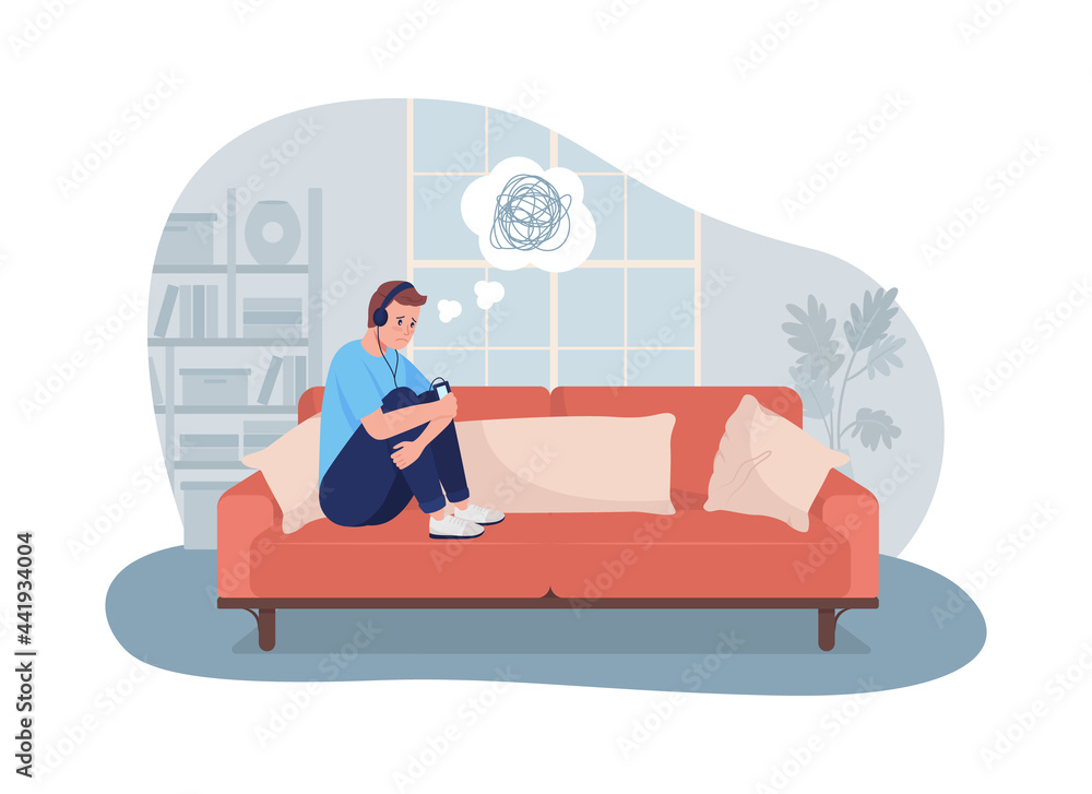 Sad lonely teen boy at home 2D vector isolated illustration. Sitting at ...