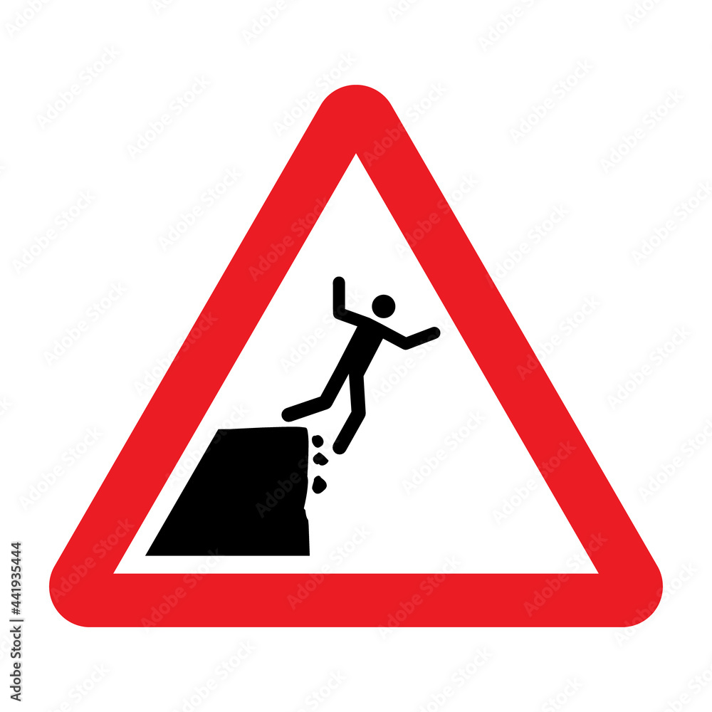 Unstable cliff edge warning sign. Vector illustration of red triangle ...