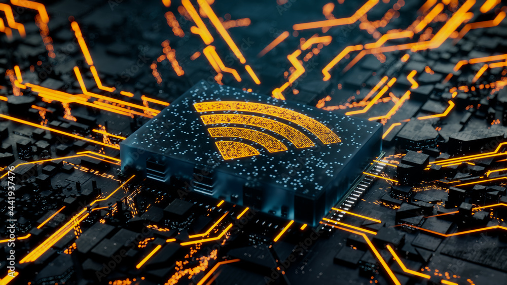 Wireless Technology Concept with wifi symbol on a Microchip. Data flows ...