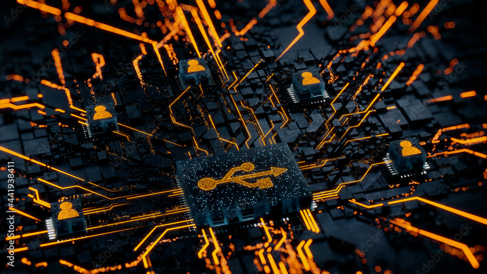 Interface Technology Concept with usb symbol on a Microchip. Orange ...