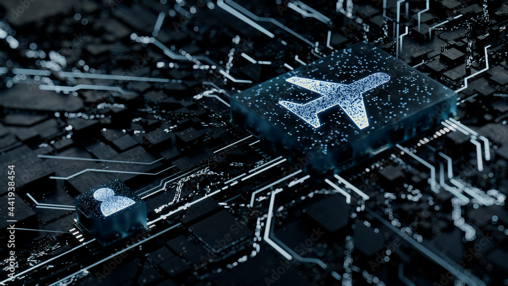 Flight Technology Concept with airplane symbol on a Microchip. White ...