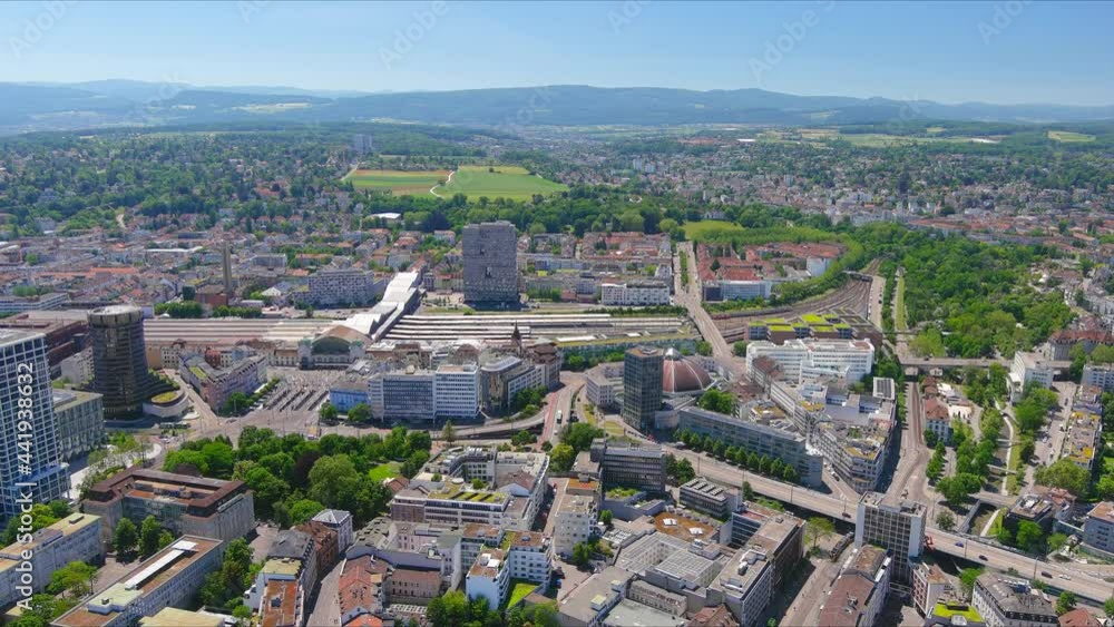 Basel: Aerial view of city in Switzerland at border with France and ...