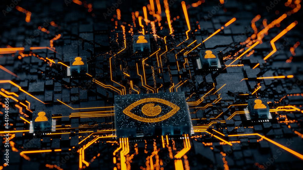 Vision Technology Concept with eye symbol on a Microchip. Orange Neon ...