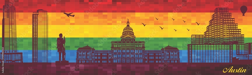 Austin on LGBT flag background - illustration, Town in Rainbow ...