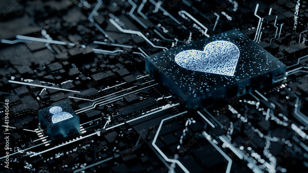 Love Technology Concept with heart symbol on a Microchip. White Neon ...