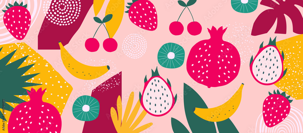 Exotic fruit poster. Summer tropical design with fruit, banana ...