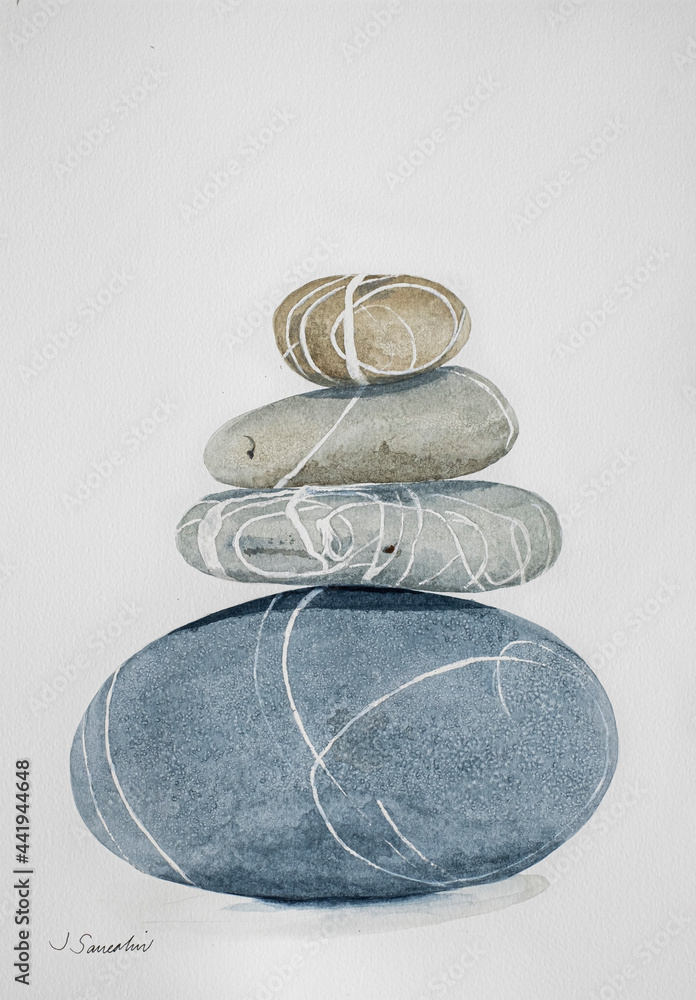 Watercolour painting of a stack of four stripy pebbles balanced in a ...